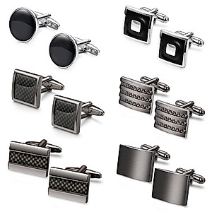 Florideco 6 Pairs Men's Cufflinks Classic Vintage Black Striped Silver Tone Cufflinks Set for Men Business Wedding Shirts Groomsman Tuxedo With Gift Box