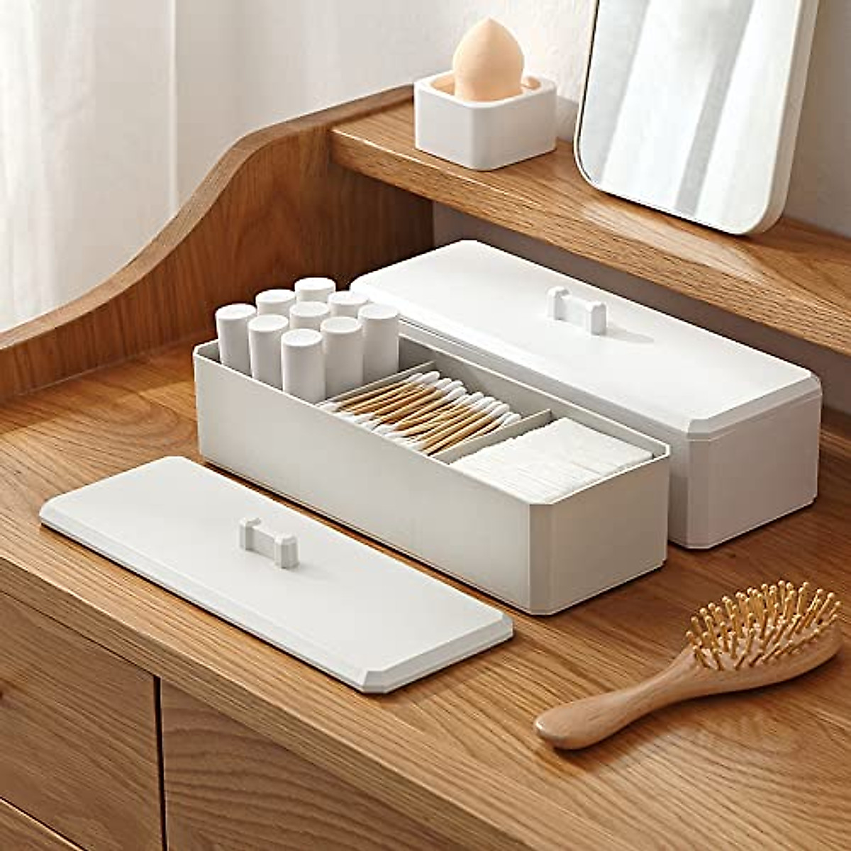 Ezebesta 3 Divider Organizer for Cotton Swab Ball Qtip Cotton Pads Holder Plastic Container Dispenser Box with Lid for Bathroom Storage (White)