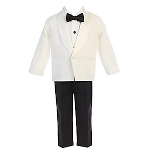 Baby Boys Ivory Jacket Black Pants Shirt Bowtie Tuxedo Ring Bearer Suit Size L (12-18 Months)
