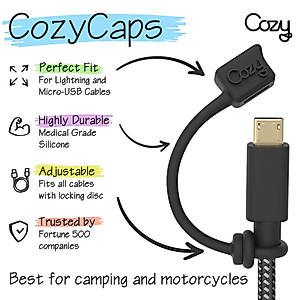 Cozy [4-Piece] USB Caps/Tether for Micro USB Cable & Compatible with Apple Charging Cable (Black)