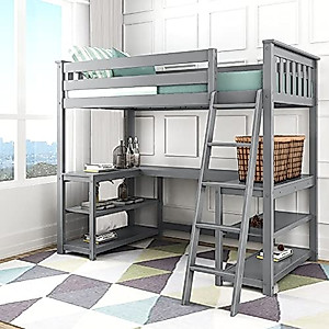 Max & Lily High Loft Bed, Twin Bed Frame For Kids With Wraparound Desk and Shelves, White