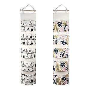 SMFANLIN 2Pcs Over The Door Storage Hanging Bag, Premium Linen Fabric Wall Hanging Storage Organizer with 5 Pockets, Waterproof Hanging Shelves Pocket for Wall Bedroom Bathroom