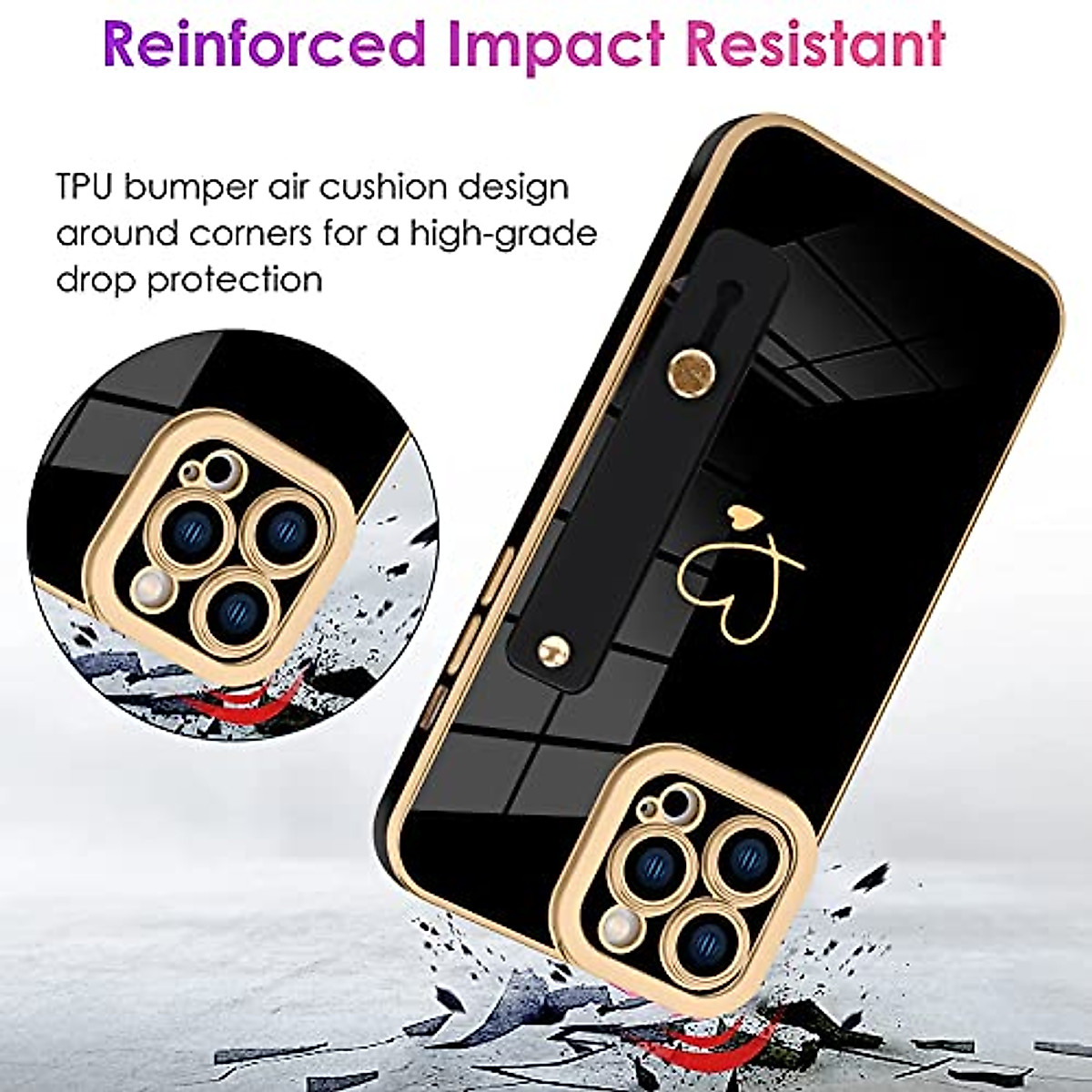 ZIYE for iPhone 13 Pro Max Luxury Electroplated Case with Strap Love Heart Plating Gold Bumper Cover for Women Girls Anti-Scratch Shockproof Back Phone Case for iPhone 13 Pro Max 6.7 Inch