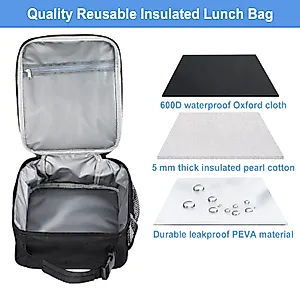 Insulated Lunch Bag, Leakproof Portable Lunch Box for Women Men Boys Girls, Large Capacity Cooler Bag with Handle and Bottle Pocket for Office School Camping Hiking Outdoor Beach Picnic (Black)
