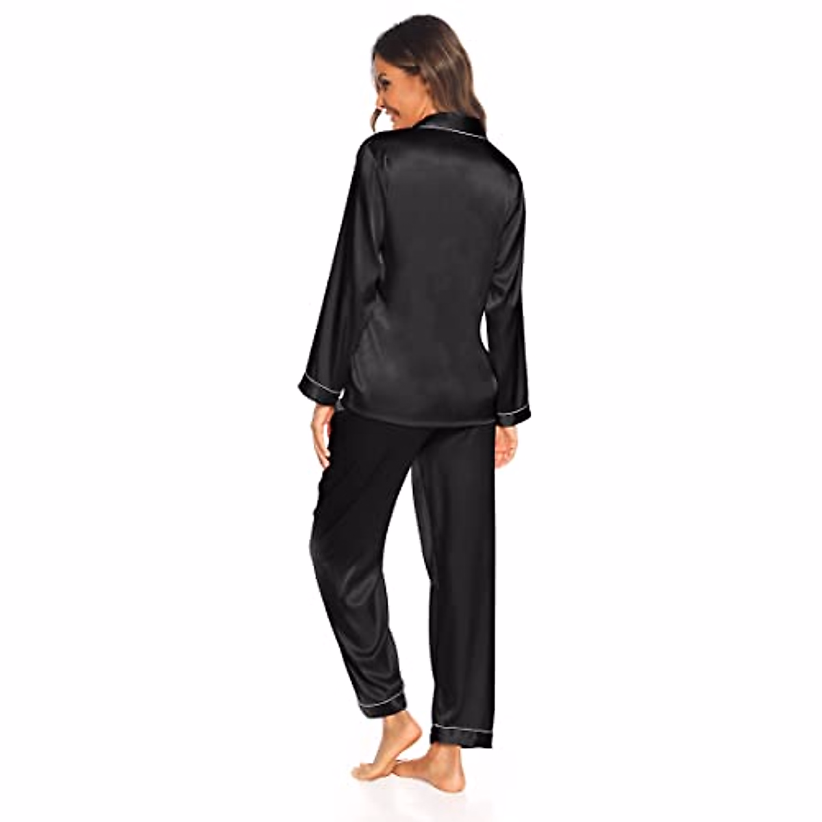 Eilshoji Womens Silk Satin Pajamas Loungewear Two-piece Sleepwear Button-Down Pj Set (Black,XL)