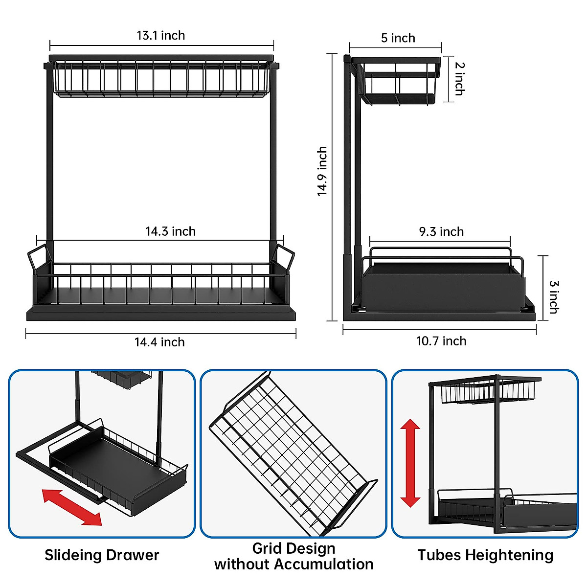 Under Sink Organizer, Painted Steel Under Cabinet Basket Organizer, Sliding Under Sink Storage with Handles, Black Bathroom Organizer Under Sink, Multi-purpose Cleaning Supplies Organizer for Kitchen