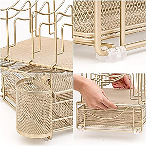 ARCOBIS Gold Desk File Organizer for Women, Desk Organizers and Accessories with Pen Holder & Sliding Drawer & Vertical File Folder Sorters, Cute Desktop File Holder for Office Supplies