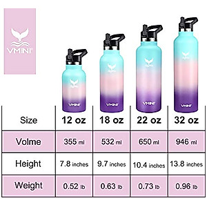 Vmini Water Bottle - Standard Mouth Stainless Steel & Vacuum Insulated Bottle, New Straw Lid with Wide Handle, Gradient Mint+Pink+Purple & 22 oz