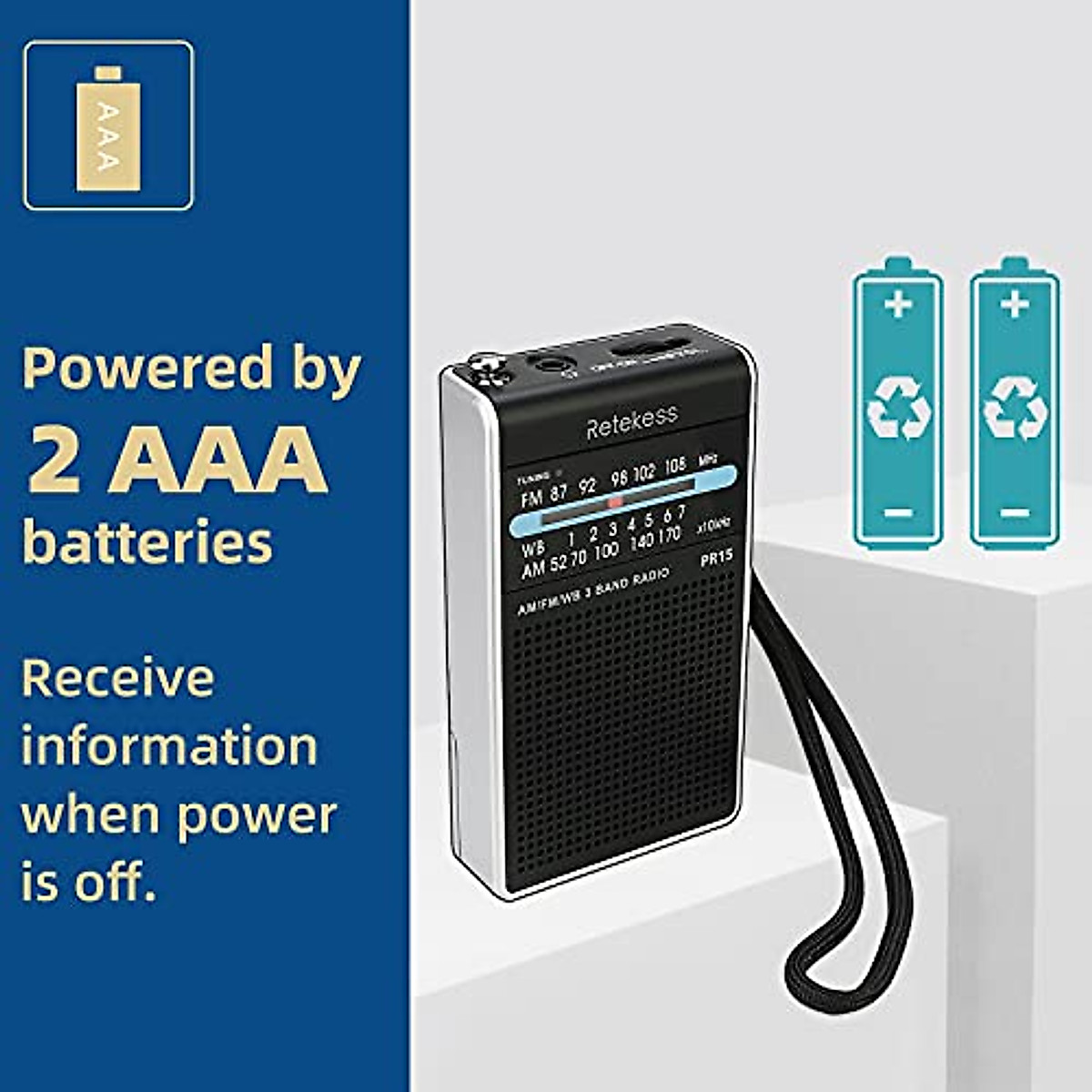 Retekess PR15 Pocket NOAA Weather Radio, AM FM Emergency Weather Radio Portable, Little Transistor Radio Powered by AAA Battery for Walking, Camping (Silver Black)