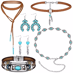 Geyoga 6 Pcs Western Jewelry for Women Bohemian Turquoise Pendant Choker Necklace Long Choker Dangle Earrings Boho Layered Bracelets Adjustable Cowgirl Chain Belt for Women