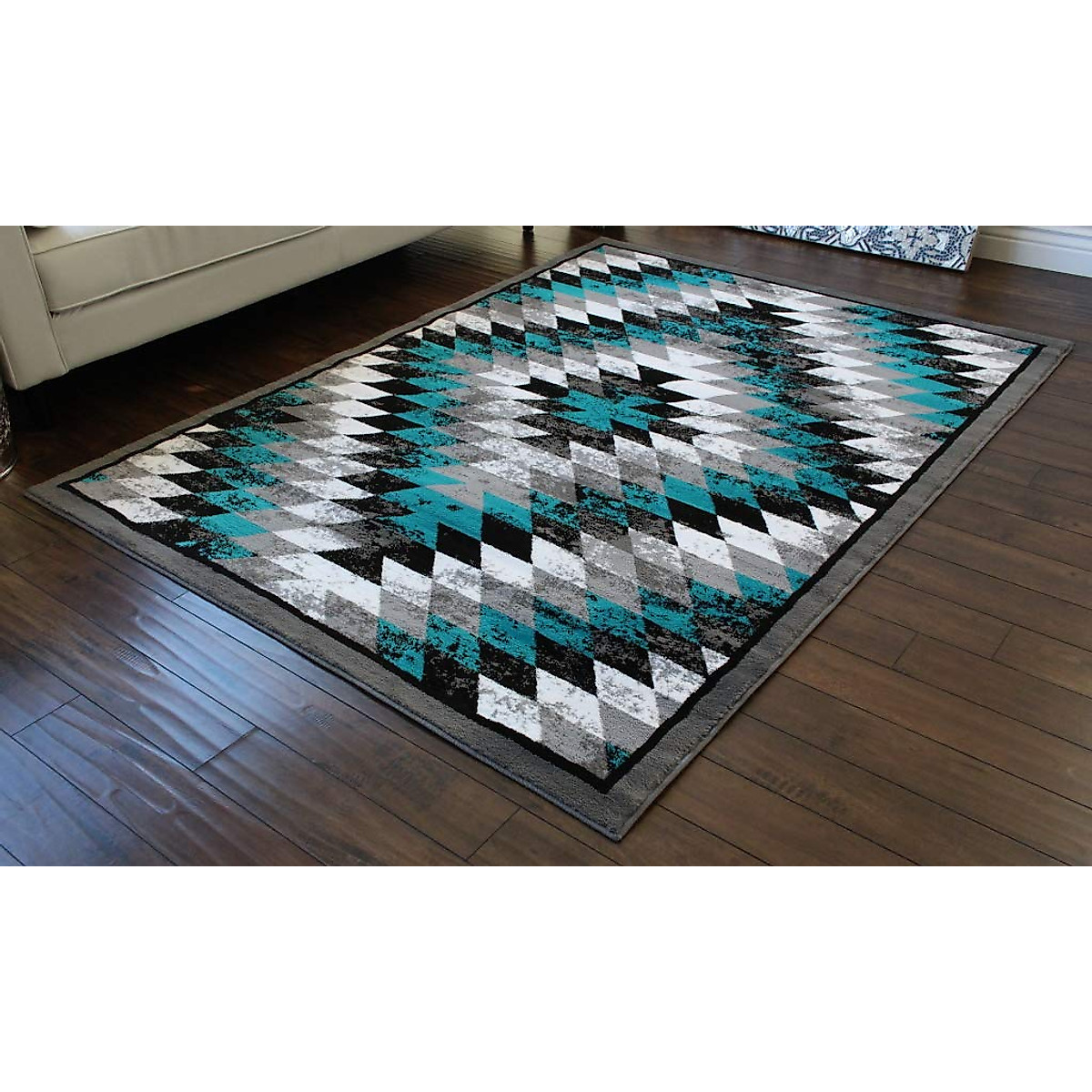 Masada Rugs, Stephanie Collection Area Rug Southwest Native American Distressed Design 1106 Turquoise Grey White Black (8 Feet X 10 Feet)