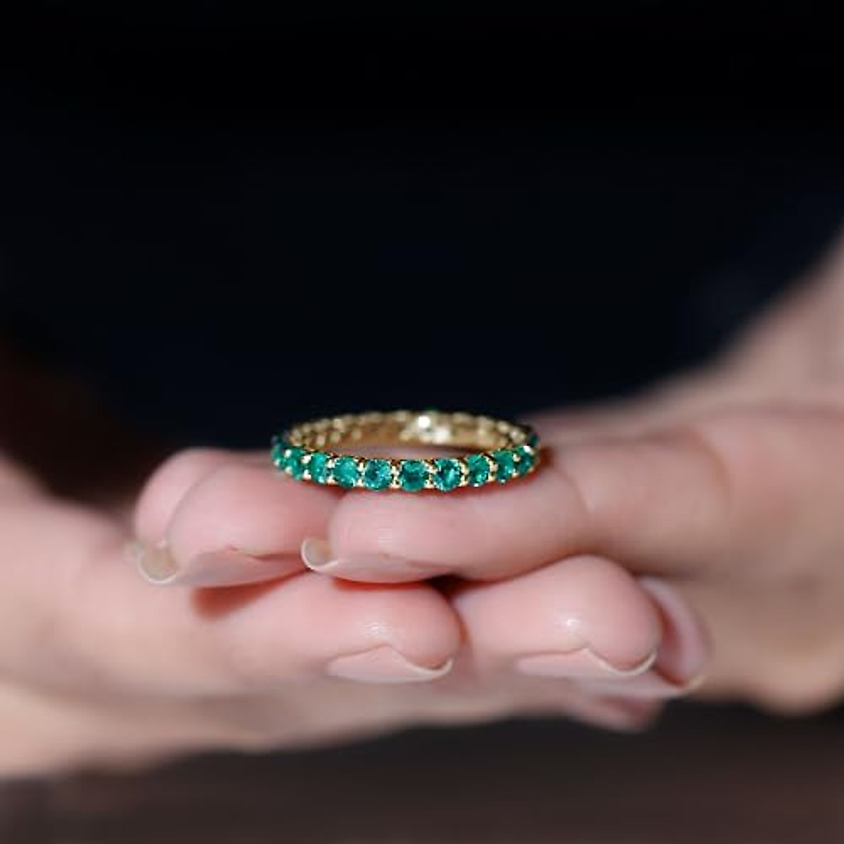 Certified Lab Grown Emerald Eternity Band, AAAA Quality, Emerald Anniversary Ring - With Jewelry Box, 14K Yellow Gold, Size:US 9.00