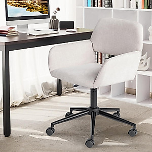 FurnitureR Home Office Chair, Fabric Upholstered Vanity Chairs with Rolling Wheels, Adjustable Study Desk Chair Mid Back Task Chair for Living Room, Bedroom, Small Spaces - Beige