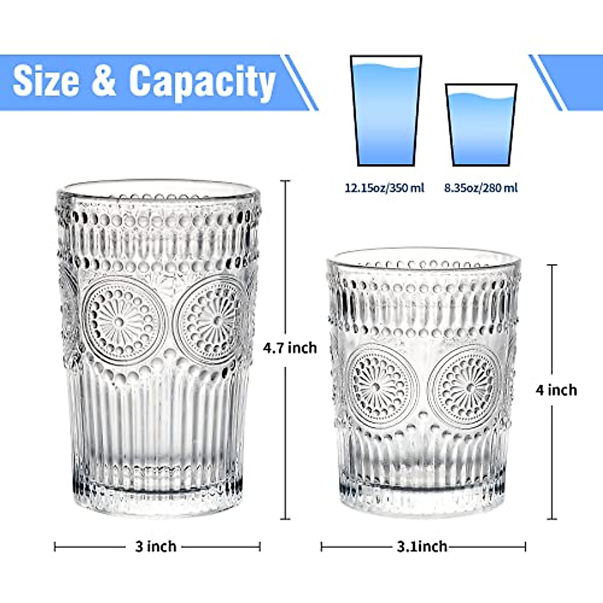 SAIURE Vintage Drinking Glasses, Hobnail/Embossed/Clear Glass Coffee Mugs Set of 8, 10 & 13 oz Thick Modern Kitchen Glassware Cup Set Unique Bubble Cocktails, Cappuccino, Latte, Great Gift