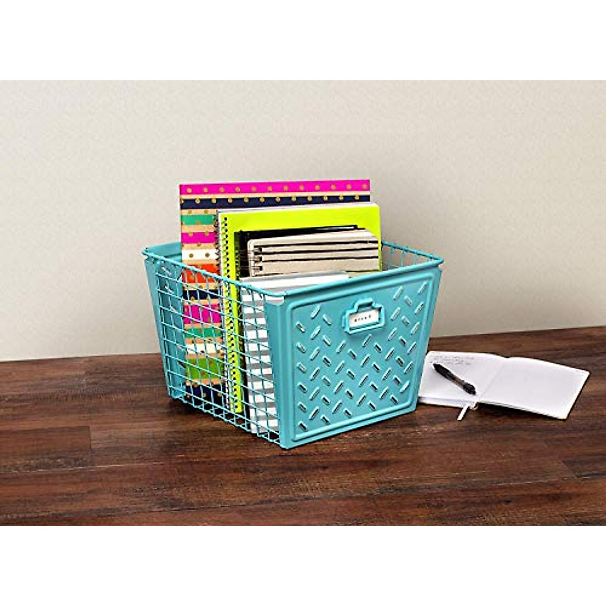 Spectrum Diversified Macklin, Stamped Steel & Wire Basket for Closet & Cubby Storage Vintage-Inspired Design with Customizable Label Plate, Large, Teal