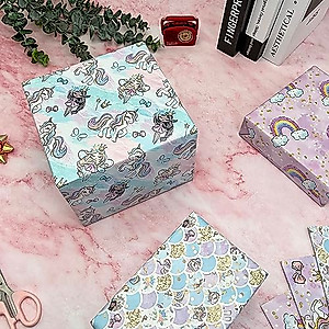 Dtiafu Unicorn Wrapping Paper - 12 Sheets Birthday Wrapping Paper for Girls Kids - Unicorn Princess Rainbow Mermaid Scale Gift Wrap in Pink Purple - 20 X 28inch Per Sheet