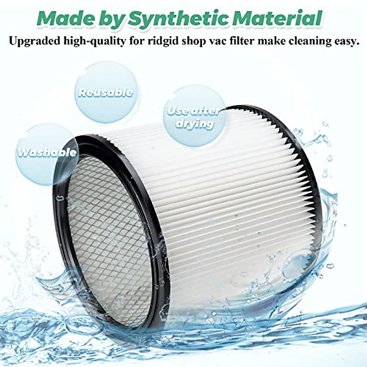 Replacement Cartridge Filter for Shop Vac 90304 90350 90333 by Techecook - 90350 90304 Shop Vac Filter fit Most Shop Vac Wet/Dry Vacuum 5 Gallon and Above, Reusable and Washable Synthetic Material