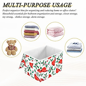 Krafig Foldable Storage Box Christmas Red Holly Berries Cardinal Birds Large Cube Organizer Bins Containers Baskets with Lids Handles for Closet Organization, Shelves, Clothes, Toys