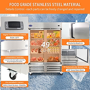 CHUMART 54" W Commercial Freezer with 2 door Stainless Steel 49 Cu. Ft Reach-in Freezer 6 Adjustable shelves Fan Cooling Freezer for Restaurant, Commercial Kitchen, Shop, ETL Certification