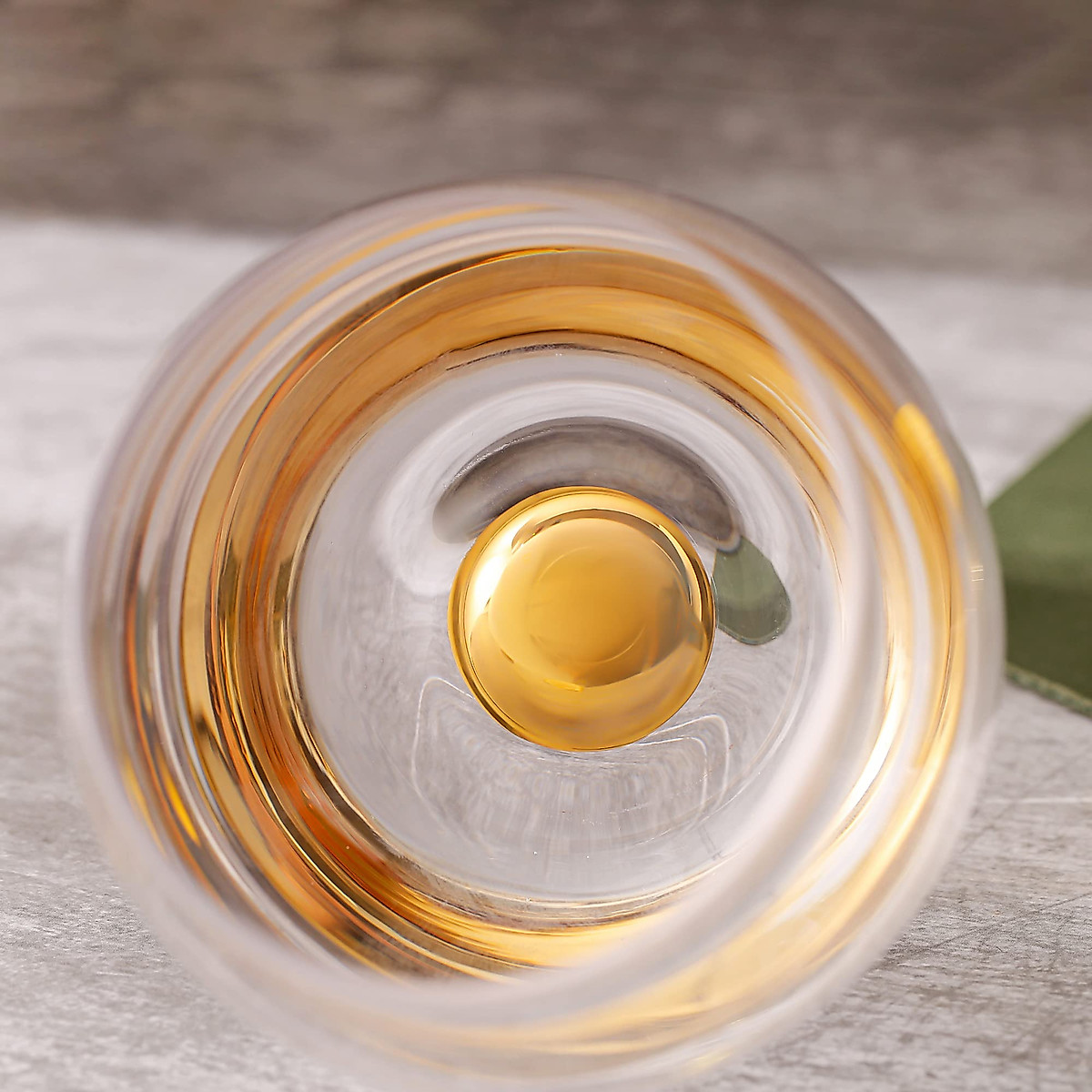 Lysenn Stemless Wine Glasses Set of 2 - Designer Hand Blown Crystal Whiskey Glasses - Unique Gold Base and Tilted Rim Brandy Snifter for Red Wine, Cocktails, Bourbon and Champagne – 10 oz.