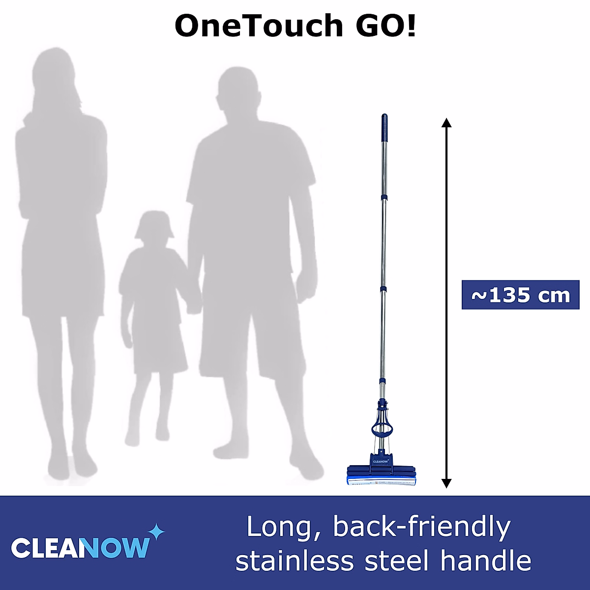 Cleanow OneTouch GO! Floor Cleaner - Floor Mop with Wringing Function - Sponge Mop for Cleaning Floors - PVA Sponge and Stainless Steel Handle