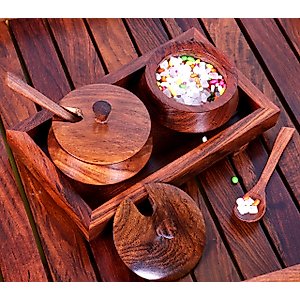 Creation India Craft Wooden Jar Set with Tray and Spoon, 50 ml, 2-Pieces,Indian Rosewood, Refreshner Box Table Top for Dinning Table
