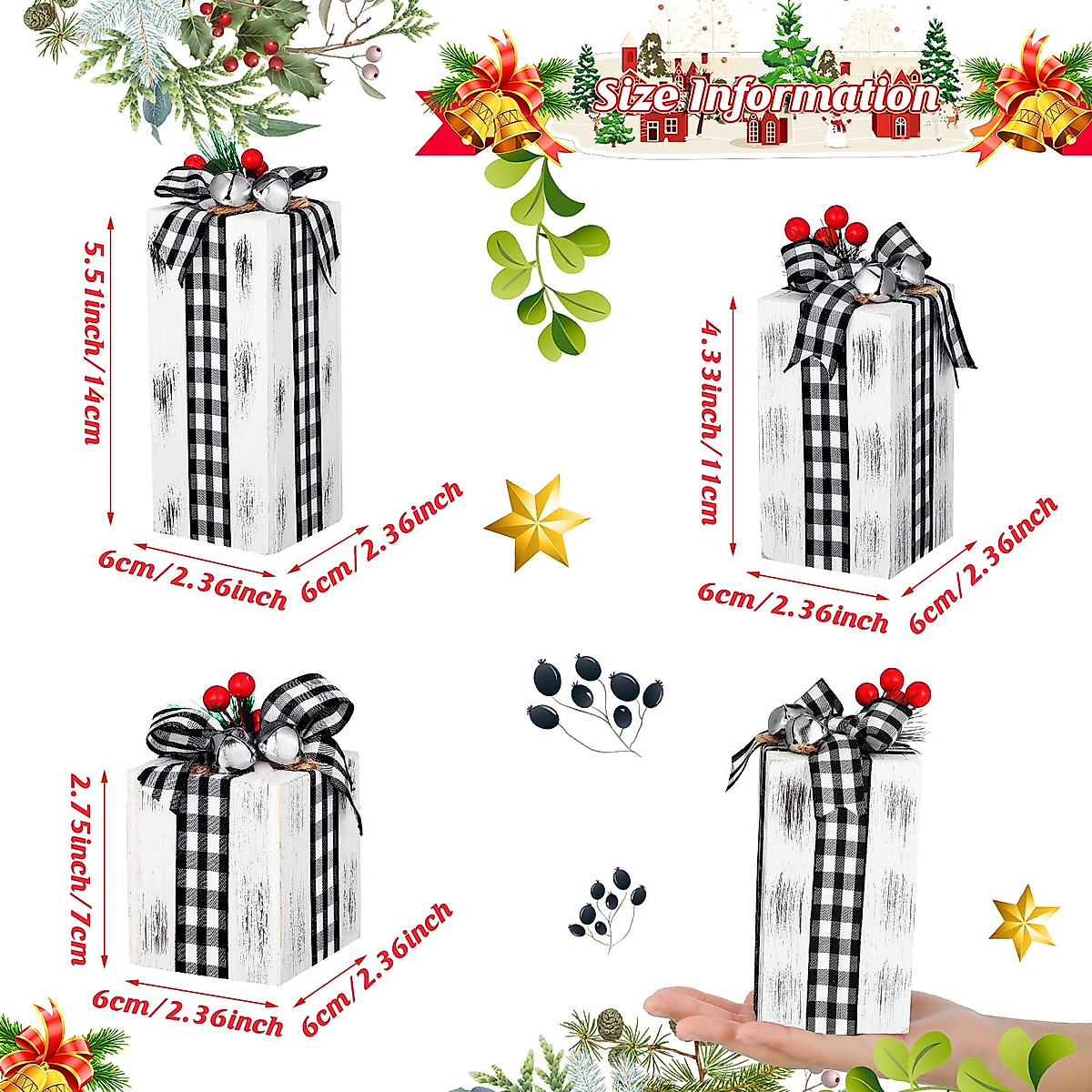 Amyhill 3 Pcs Christmas Wooden Gifts Box Decor Christmas White Black Plaid Presents Table Centerpieces Rustic Wooden Gifts Tiered Tray Decor with Buffalo Plaid Bowknot for Xmas Party Decor