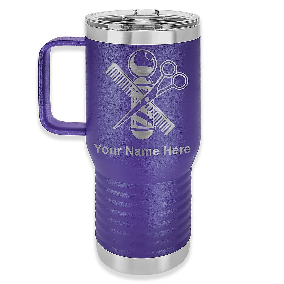 LaserGram 20oz Vacuum Insulated Travel Mug with Handle, Barber Shop Pole, Personalized Engraving Included (Dark Purple)