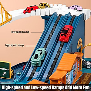 Juqic Car Playset Toy Ramp Track Set Model Vehicles Racer Cars Play Set with 8 Mini Racer Cars and 4 Dinosaur Cars Track for Preschool Boys Gifts for Kids Ages 3 Years or Older Children (City Highway)