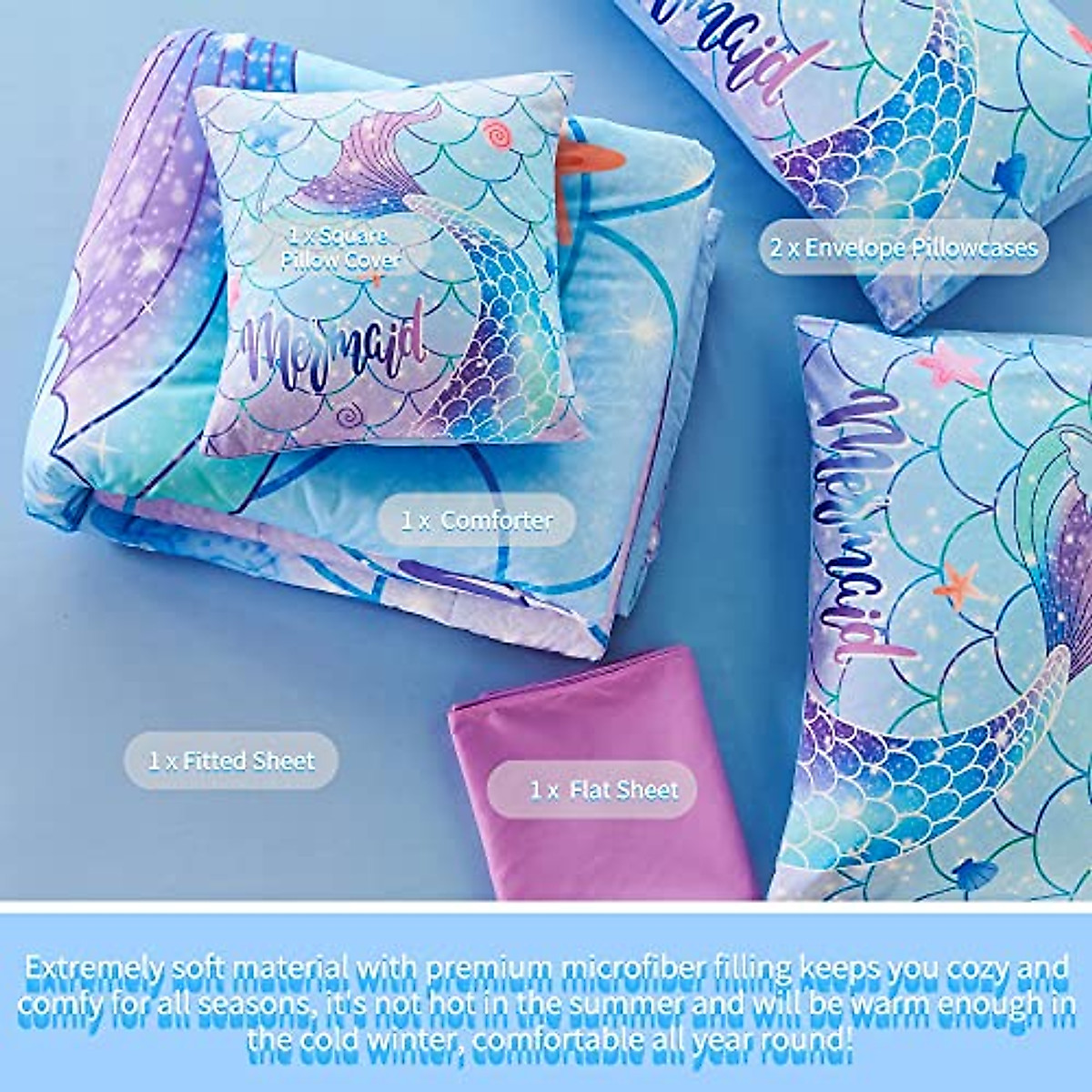 RYNGHIPY 6Pcs Mermaid Tail Comforter Set for Kids Girls, Mermaid Fish Scale Bed in a Bag Twin Size, Sparkle Teal Purple Rainbow Bedroom Decor Bedding Set