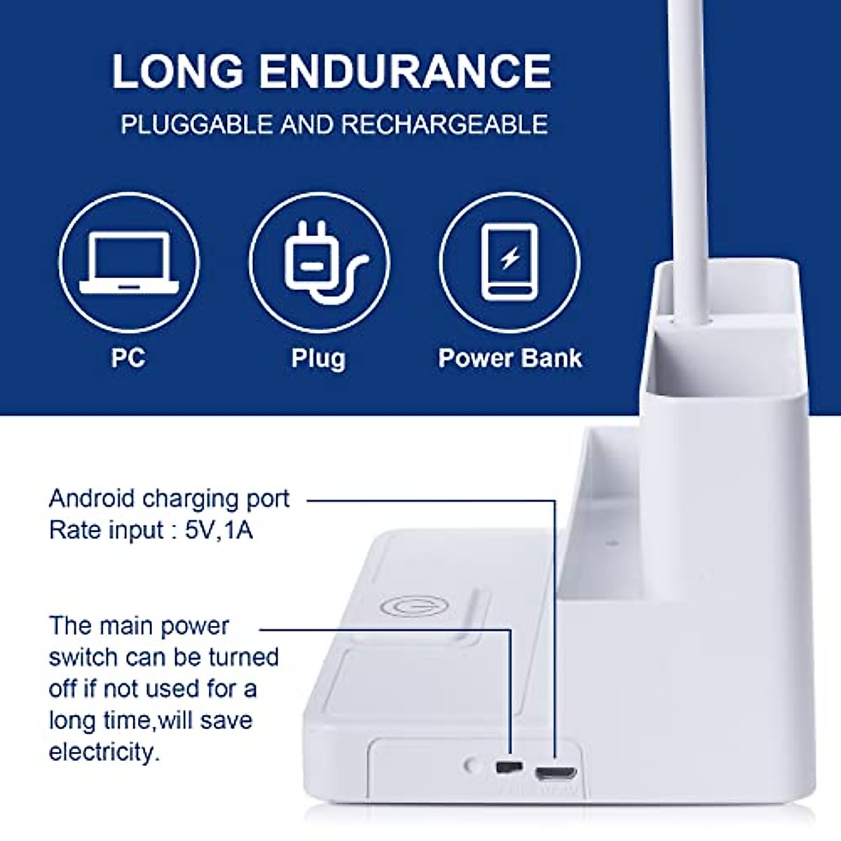 Small LED Desk Lamp with Pen/Phone Holder Function, Rechargeable Desk Light with Flexible Gooseneck, 3 Color Modes, Stepless Dimming, Eye Caring, Small Study Lamp for Dorm, Bedroom (Max Height 14 IN )