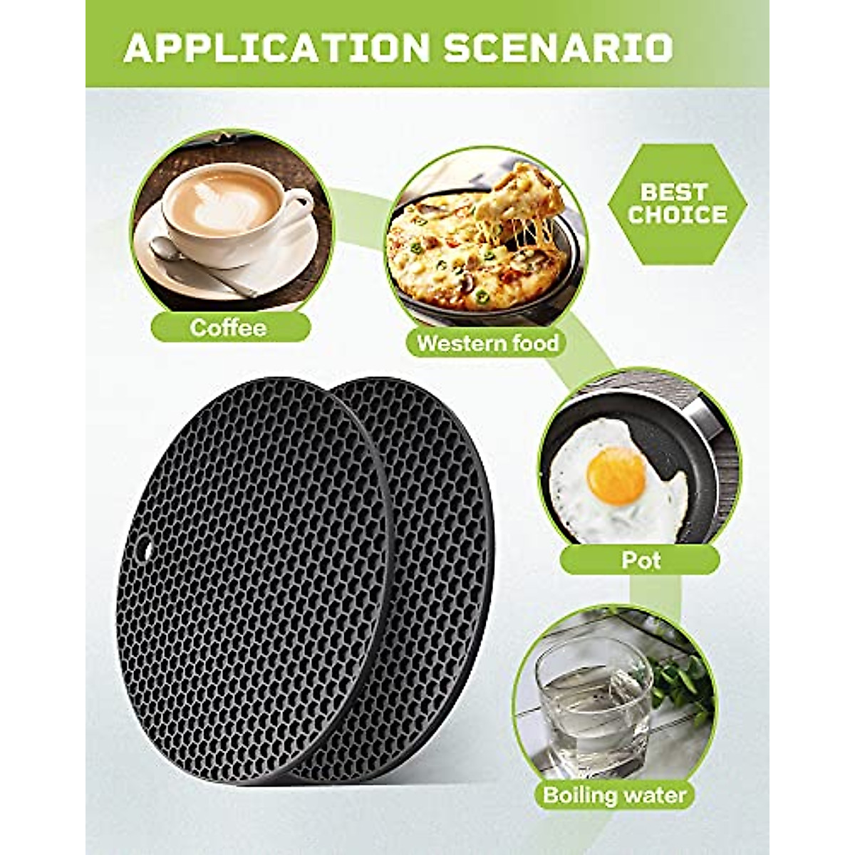 Wapodeai 2pcs Silicone Trivets Mat for Hot Pots and Pans, Premium Multipurpose Hot Pads Pot Holders, Tabletop Kitchen Trivet Mats Anti-Skid and High Temperature Resistance. (Black)