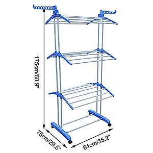 TFCFL 66” 3 Tier Clothes Drying Rack, Upthehill Collapsible Rolling Stainless Laundry Dryer Hanger with Foldable Wings and Casters Collapsible Garment Laundry Rack for Indoor/Outdoor (Blue)