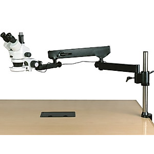 AmScope SM-8TZ-144S Professional Trinocular Stereo Zoom Microscope, WH10x Eyepieces, 3.5X-90X Magnification, 0.7X-4.5X Zoom Objective, 144-Bulb LED Ring Light, Articulating-Arm Boom Stand, 110V-240V, Includes 0.5x and 2.0x Barlow Lenses