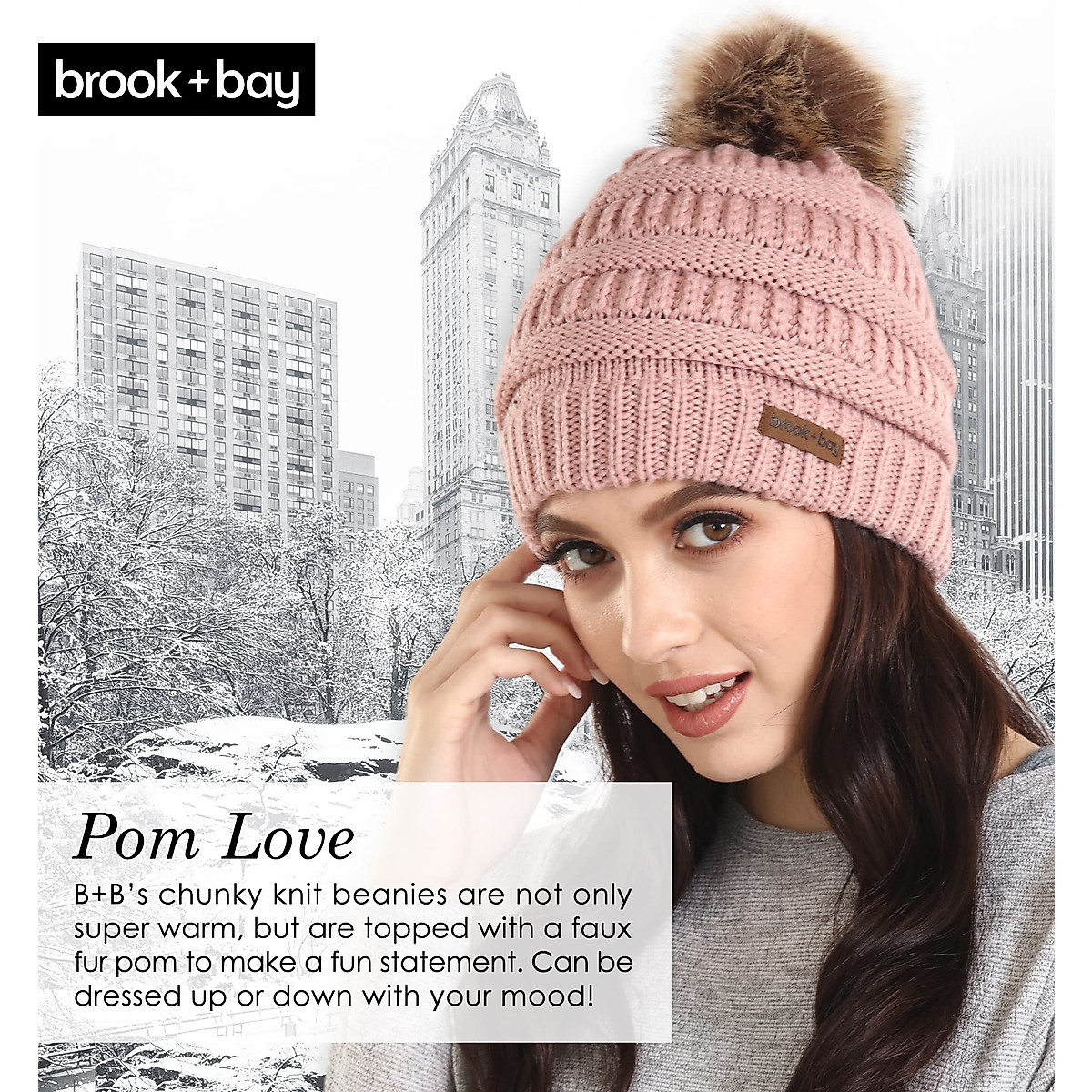 Brook + Bay - Beanie Hats for Women, Pom Pom Hat Soft Chunky Knit Beanie for Cold Weather, Stocking Cap for Women Winter Hats Pink