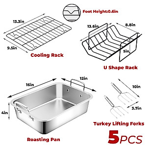 Hillbond Stainless Steel Roasting Pan with Rack 16 Inch Turkey Roaster Pan with U-Shaped Rack Flat Rack Turkey Lifting Forks for Turkey, Chicken, Vegetables Set of 5