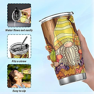 Happy Fall Gnome Dwarf Travel Mug Insulated Tumbler with Lid and Straw Pumpkin Mushroom Stainless Steel Vacuum Double Walled Drinking Cup Keeps Drinks Cold & Hot Water Bottle for Travel Coffee Home