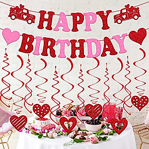 Valentine's Day Birthday Decorations Set Happy Birthday Banner with Heart Hanging Swirls for Romantic Happy Valentine’s Day Theme Birthday Party Supplies