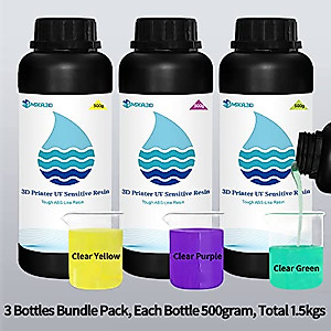 Mika3D ABS Like UV Curing Transparent 3D Resin Bundle, Clear Yellow/Green/Purple ABS-Like 3D Printer Tough High Precise Resin, for LCP/DLP Printing, 3 Bottles Total 1.5kgs High Tough Clear 3D Resin