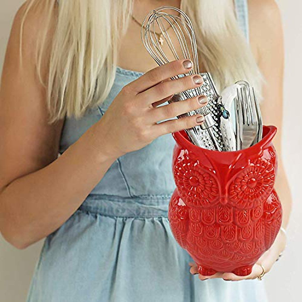 Home-X Ceramic Owl Utensil Holder - Kitchen Organizer, Large Utensil Caddy for Counter, Cooking & Spatula Storage Crock, Farmhouse Decor, Home & Kitchen Accessory, Red