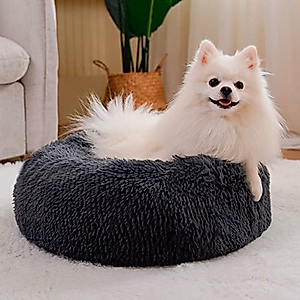 WELLYELO Calming Dog Bed, 20In Donut Dog Bed, Anti Anxiety Dog Bed & Cat Bed, Machine Washable Fluffy Plush Round Dog Beds for Small Medium Dogs Cats (Small, Gray)