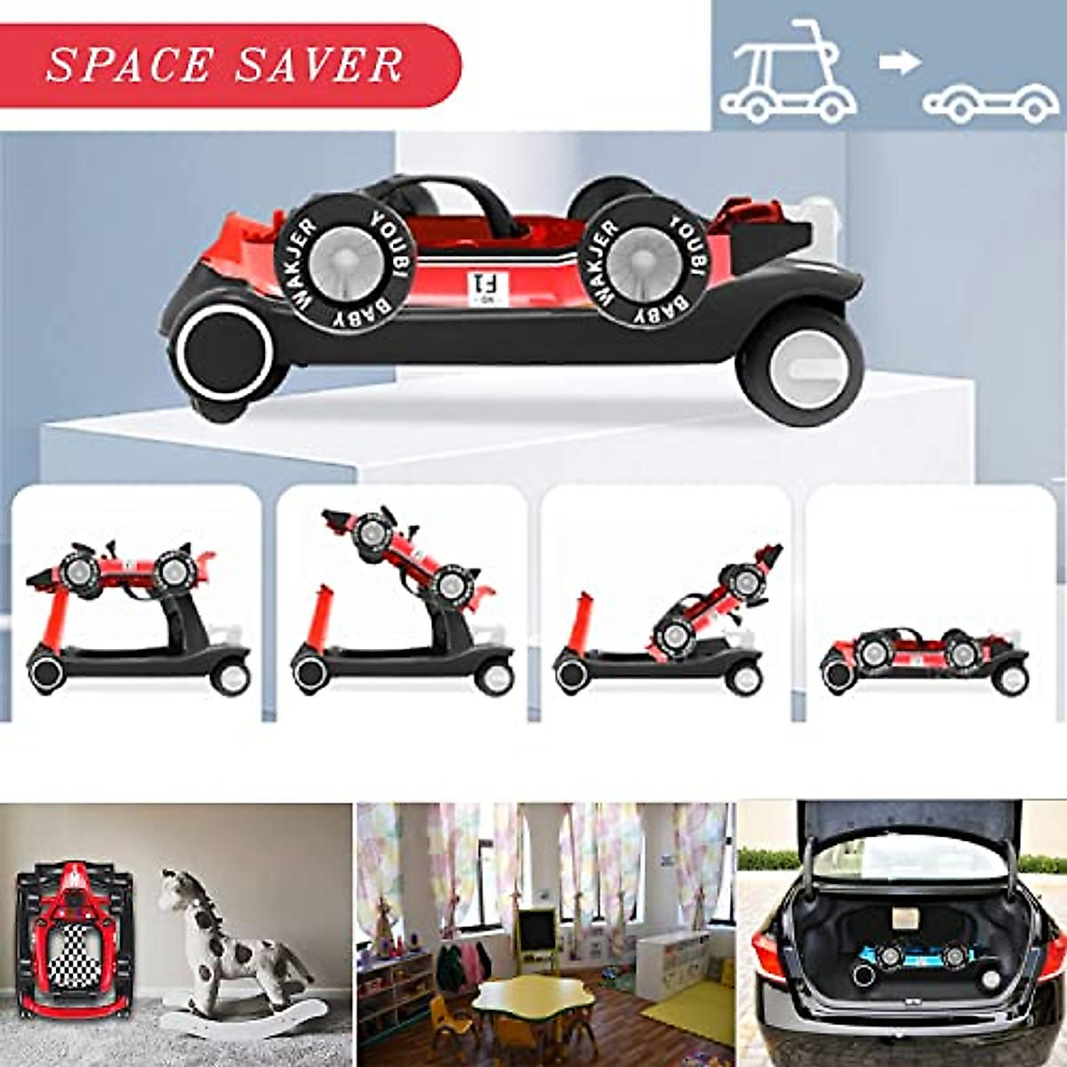 CAM2-KIDS 4-in-1 Baby Walker, Foldable Activity Walker with Adjustable Height & Speed, Music, Lights, Steering Wheel, Activity Baby Push Walker for Boys Girls Aged 6–18 Months (red)