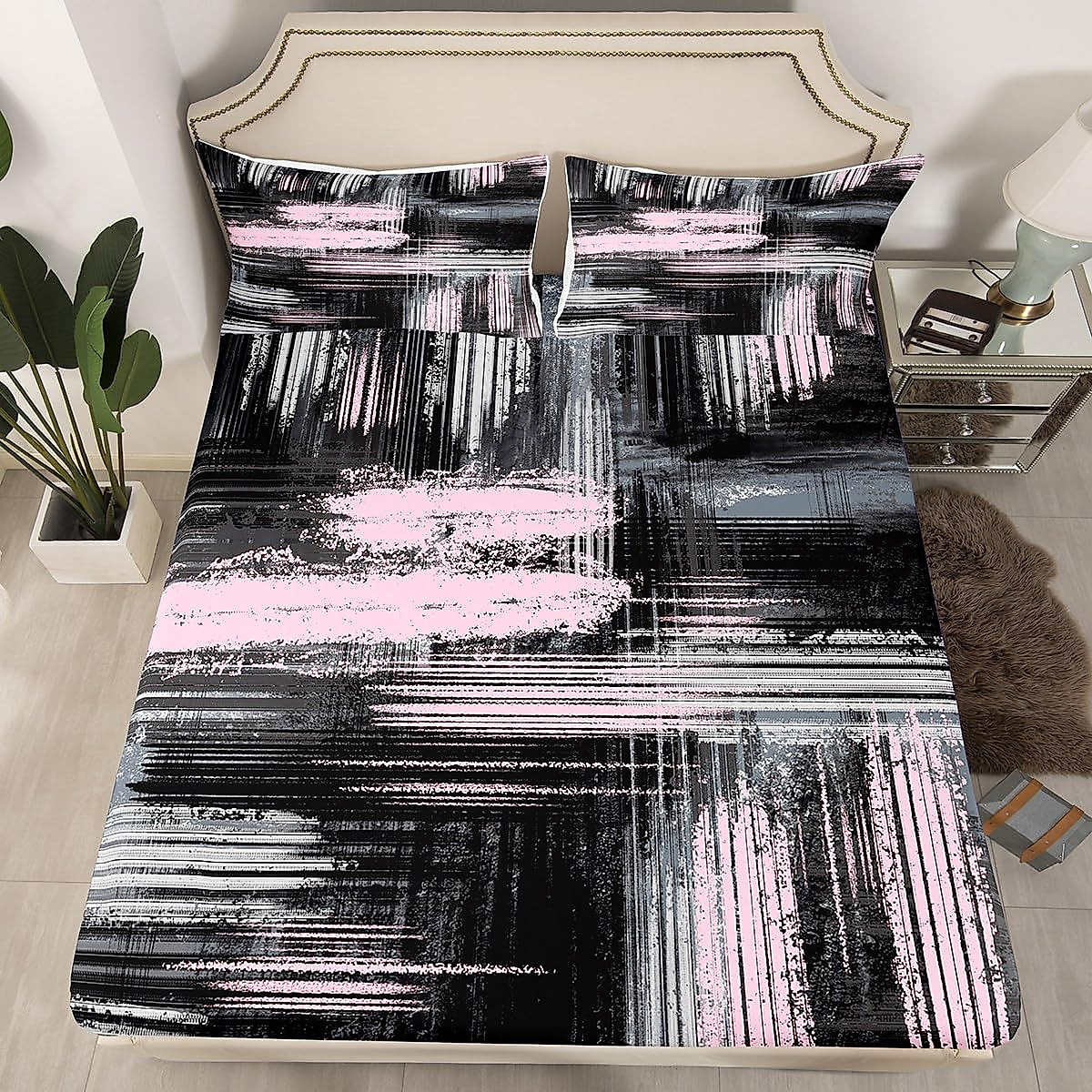 Abstract Pink and Black Sheets with Deep Pocket Fitted Sheet Full, Geometric Artistic Smear Sheet Set Abstract Graffiti Art Bed Sheets Set Contemporary Modern Brush Design Bedding Set Full Size