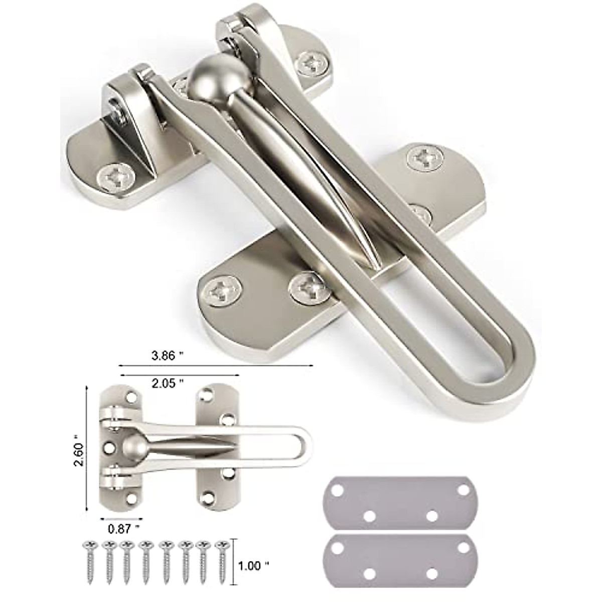 Door Lock Latch for Home Security - Swing Bar Door Guard for Front and Inside Door, Safety Childproof Reinforcement Door Stopper for Kids Home Hotel Apartment, Thicken Aluminium Alloy Satin Nickel (1)
