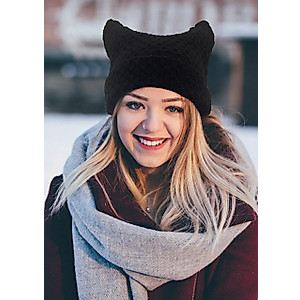 Women Striped Beanie Hat with Little Devil Horn Winter Warm Cap Cute Cat Ears Knitted Hat Fall (Black)