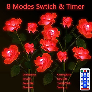 PINPON Outdoor Solar Flower Lights - 4 Pack Red Roses Lights Outdoor Garden Decorative with 16 Oversized Red Roses Flowers, 8 Modes Remote Control Switch for Garden, Lawn, Patio, Pond, Backyard