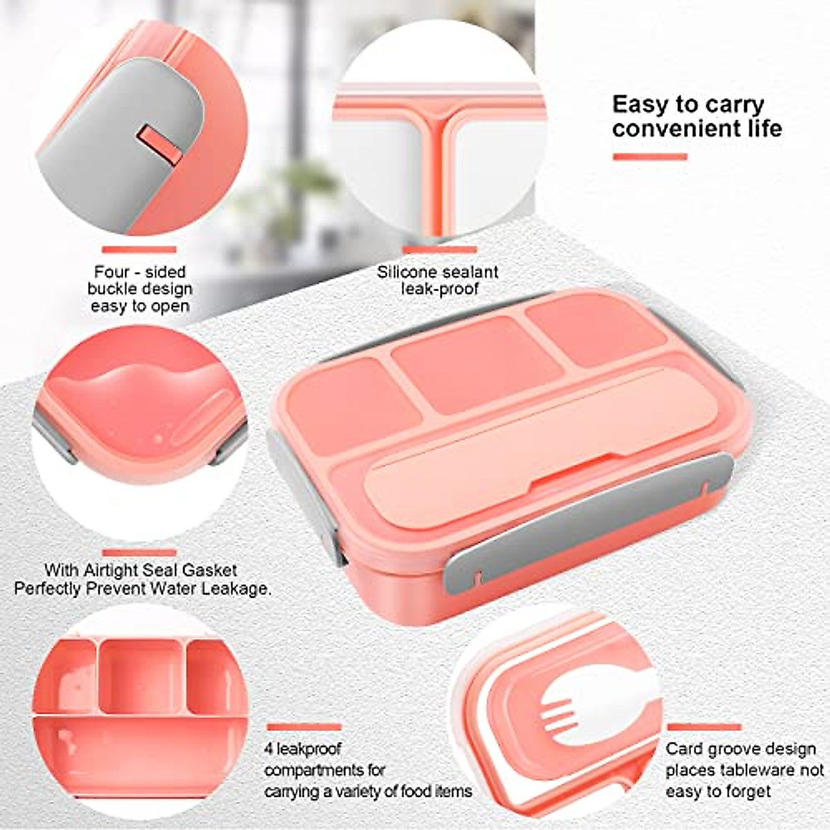 Lunch Box/ Containers for Adults/Kids/Toddler,1300ML-4 Compartment Bento Box,Microwave & Dishwasher & Freezer Safe, BPA Free (Pink)