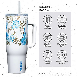Corkcicle x Disney Princess Belle Cruiser Insulated Tumbler with Handle & Straw - 40 oz Reusable Water Bottle Keeps Beverages Cold for 20 Hrs, Hot for 9 Hrs – Cupholder Friendly, Spill Proof Tumbler