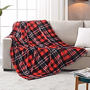 SOCHOW Flannel Fleece Throw Blanket 50 × 60 Inches, All Season Plaid Red/Grey Blanket for Bed, Couch, Car