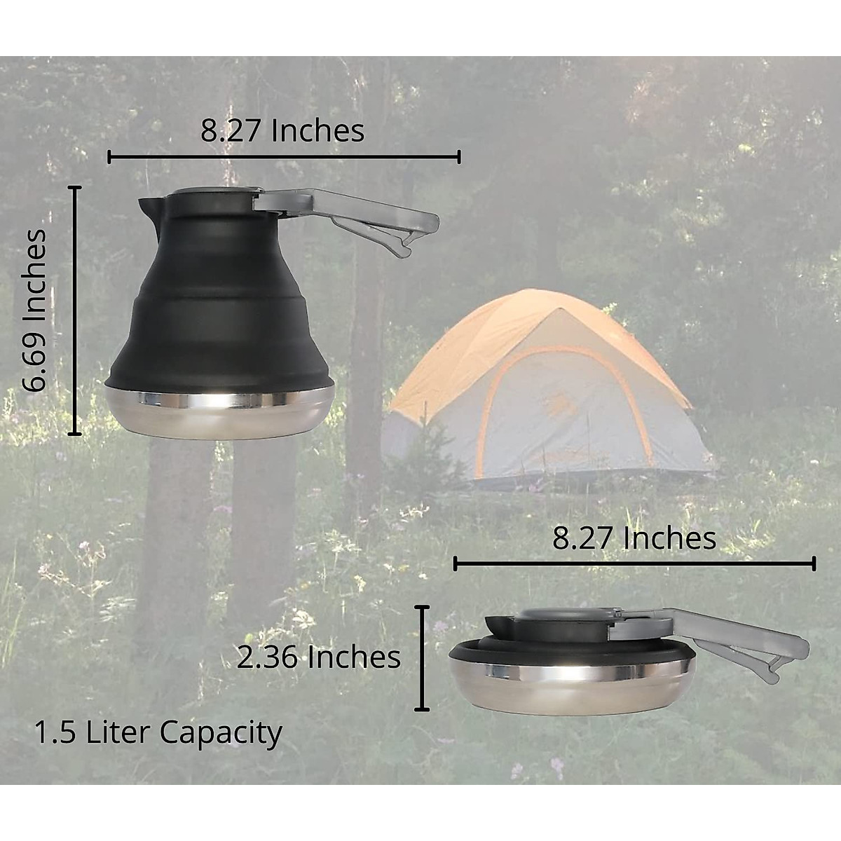 White Pine Collective Black Collapsible Silicone Kettle 50.72 oz - camping coffee pot, travel kettle, collapsible kettles for boiling water, small portable silicone tea kettle, outdoor camp pot